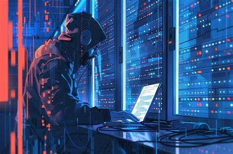 A Hooded Figure Intensely Works On A Laptop Amidst Glowing Server Racks
