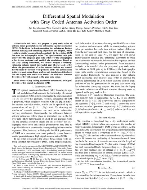 Pdf Differential Spatial Modulation With Gray Coded Antenna