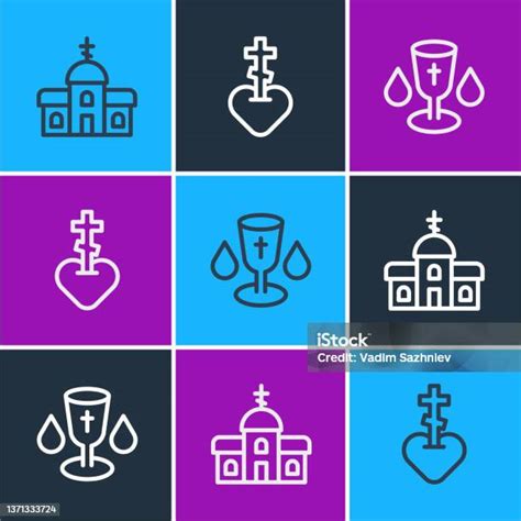 세트 라인 교회 건물 기독교 성배와 종교 십자가 심장 아이콘 벡터 아이콘에 대한 스톡 벡터 아트 및 기타 이미지 아이콘 찰리스 건축 Istock