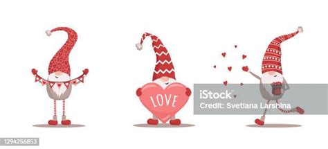 빨간 모자에 발렌타인 노움 흰색 배경에 고립 된 사랑스러운 스칸디나비아 엘프 2월 14일의 귀여운 축제 요소 플랫 만화 스타일의 벡터 일러스트레이션 개체 그룹에 대한 스톡