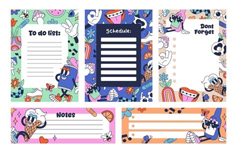 그루비 스타일 세트의 To Do 목록 디자인 할 일 체크리스트 플래너를 위한 메모 메모를 위한 스티커 게시물 템플릿의 작업 펑키 패턴 종이 메모리 스티커의 레이아웃 플랫