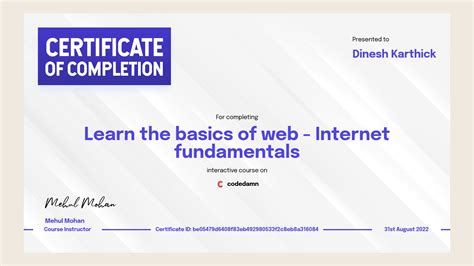 Dinesh Karthicks Certification For Learn The Basics Of Web Internet