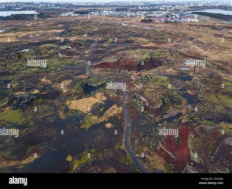 Aerial Image Of The Raudholar Volcanic Region Which Contains A Cluster Of Rootless Cones Also