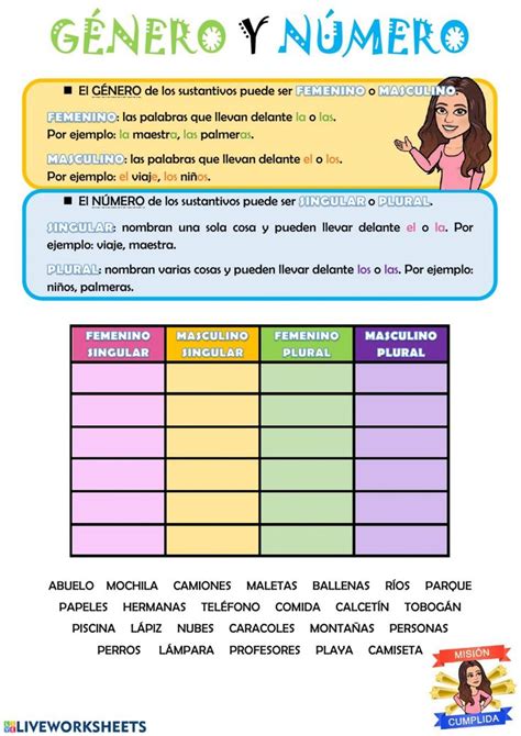 Género y número Género y número de los sustantivos ficha Ejercicios