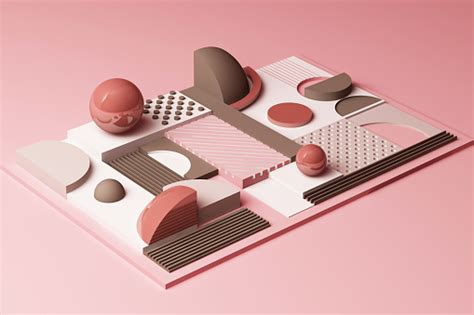 파스텔 핑크 톤의 기하학적 모양의 구성으로 디자인 3d 렌더링 일러스트레이션 0명에 대한 스톡 사진 및 기타 이미지 0명 3차원 형태 개념 Istock