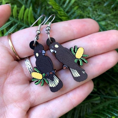 Yellow Tailed Black Cockatoo Wooden Earrings Hyper Finch