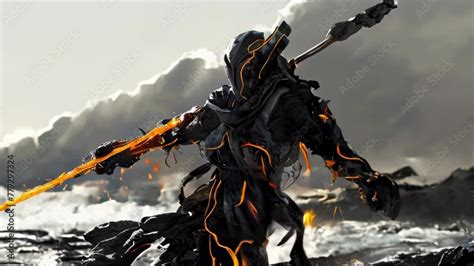 Amidst A Raging Sea Of Lava A Humanoid Robot Soldier Stands Engulfed