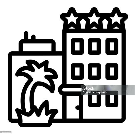 3 성급 호텔 건물과 야자수 라인 아이콘 열대 항해 개념 벡터 그래픽입니다 중간 도시 집 흰색 배경에 여행 기호 스타일 모바일 또는 디자인 건물 외관에 대한 스톡 벡터 아트