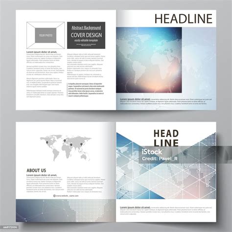 정사각형 디자인 Bi Fold 브로셔 잡지 전단지 소책자를위한 두 개의 표지 템플릿의 편집 가능한 레이아웃의 벡터 그림 다각형 기하학적 선형 텍스처입니다 글로벌 네트워크