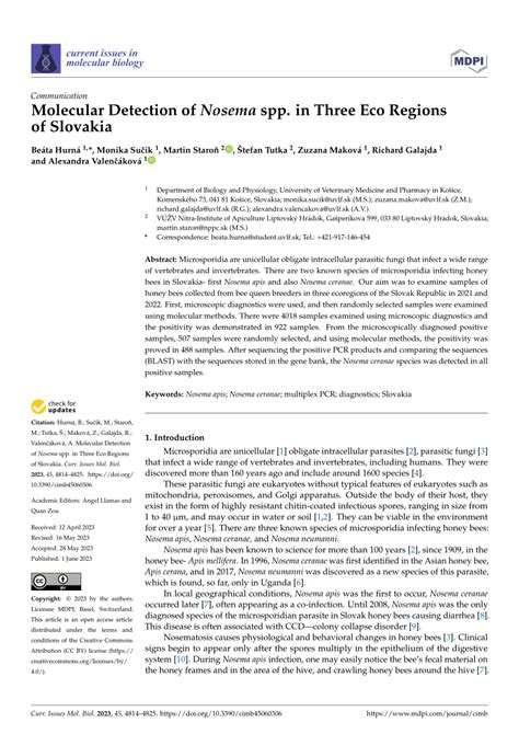 Pdf Molecular Detection Of Nosema Spp In Three Eco Regions Of Slovakia
