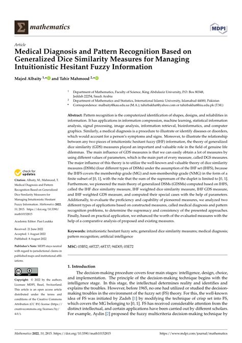 Pdf Medical Diagnosis And Pattern Recognition Based On Generalized Dice Similarity Measures