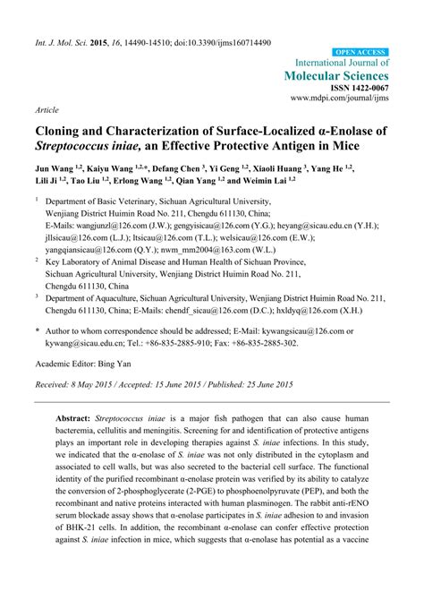 Pdf Cloning And Characterization Of Surface Localized α Enolase Of Streptococcus Iniae An