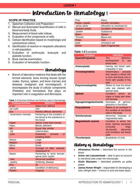 Hematology 1 L1 Introduction To Hematology 1 Lecture Pdf Blood