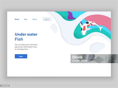 웹 페이지 템플릿 및 물고기 수중 다이빙 프로젝트 개발 사용자 인터페이스 Ui Ux 개발 벡터 방문 페이지 개념 모바일 앱 와이어 프레임 3차원 형태에 대한 스톡 벡터 아트