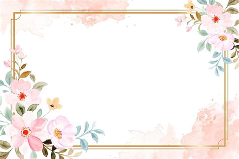 Watercolor Pink Flower Golden Frame For Wedding Birthday Card