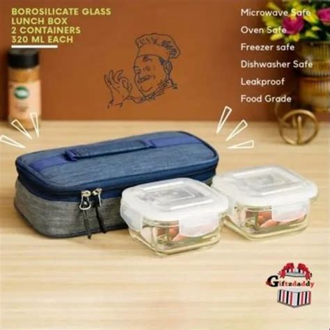 Gd Borosilicate Glass 2 Container Lunch Box With Cover 640 Ml 320 Ml X
