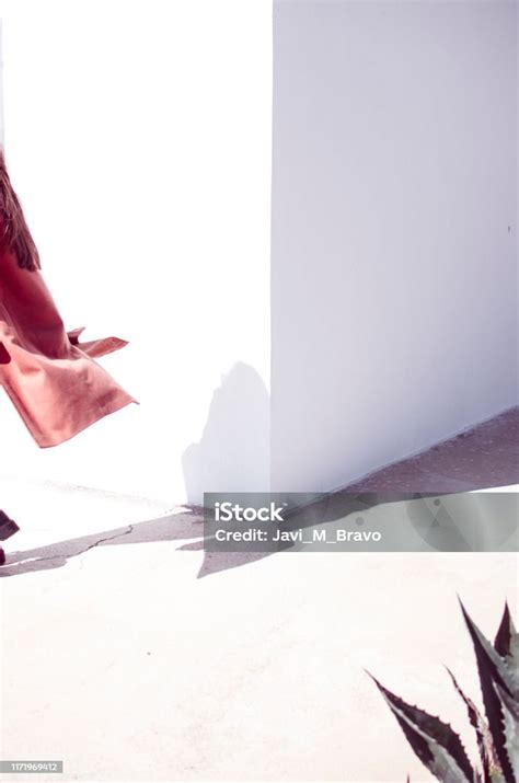 조명이 켜진 면과 그림자가 있는 쪽 스파이크가 있는 식물과 비옷을 입은 사람이 걷고 있는 코너의 개념적 이미지가 걷고 프레임을 떠나려고 합니다 가을에 대한 스톡 사진 및