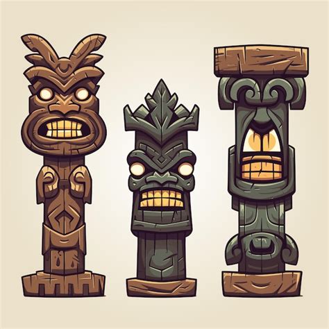 Máscaras tiki de hawai ídolos conjunto de iconos de dibujos animados