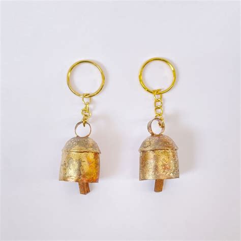 Vintage Bell Keychain Set Handmade Iron Brass Rustic Sounding Pendant 2