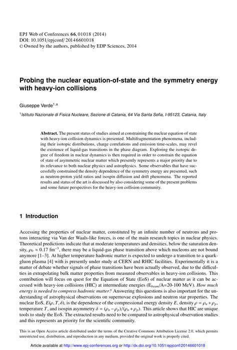 Pdf Probing The Nuclear Equation Of State And The Symmetry Energy With Heavy Ion Collisions