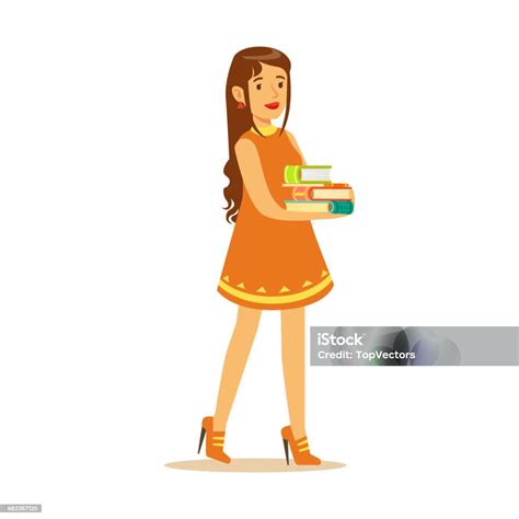긴 머리를 한 여학생이 드레스를 입고 서서 책을 손에 들고 있다 학생 라이프 스타일 다채로운 문자 벡터 일러스트 공부에 대한