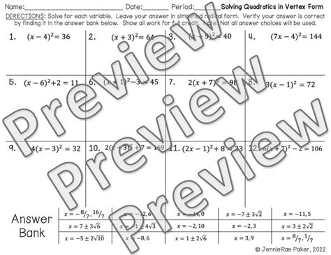 Solving Quadratics In Vertex Form By Math With Jr Tpt