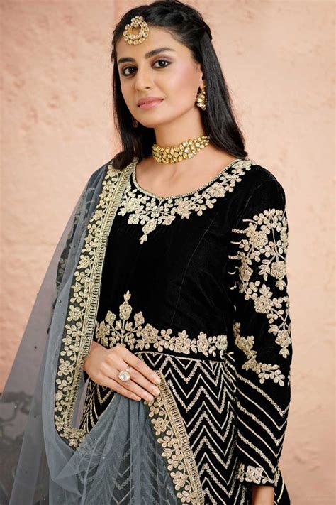 Black Velvet Resham Embroidery Anarkali Suit Set Velvet Anarkali