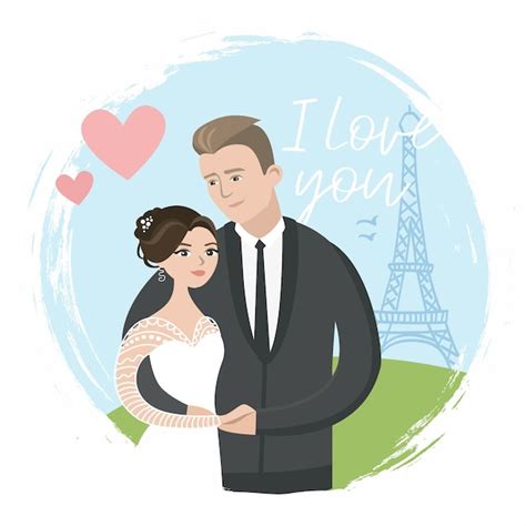 파리에서 사랑에 빠진 부부의 결혼식 그림 프리미엄 벡터