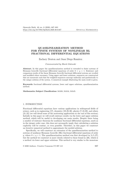 Pdf Quasilinearization Method For Finite Systems Of Nonlinear Rl Fractional Differential Equations