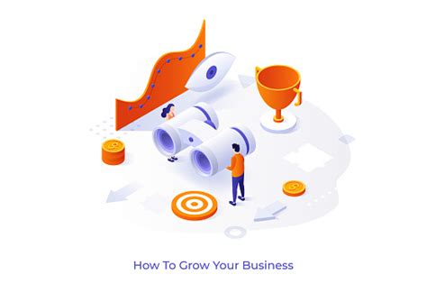 남자와 여자가 쌍안경 챔피언 컵 그리고 진행 상황 그래프를 들고 있는 개념적 템플릿입니다 비즈니스 성장을 위한 장면 성공적인 개발 전략을 찾습니다 아이소 메트릭 벡터