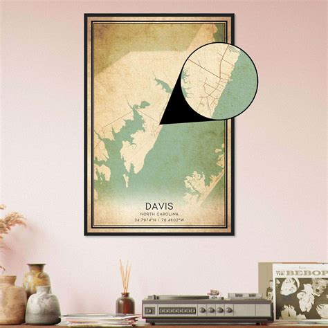 Vintage Davis North Carolina Map Poster Davis Nc City Road Wall Art