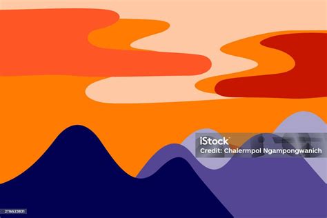 추상적인 풍경 산 와 하늘 와 구름 보기 배경 일몰 또는 새벽 장면 그래픽입니다 팝 아트 벡터 일러스트 레이 션 배경입니다 보라색에 대한 스톡 벡터 아트 및 기타 이미지