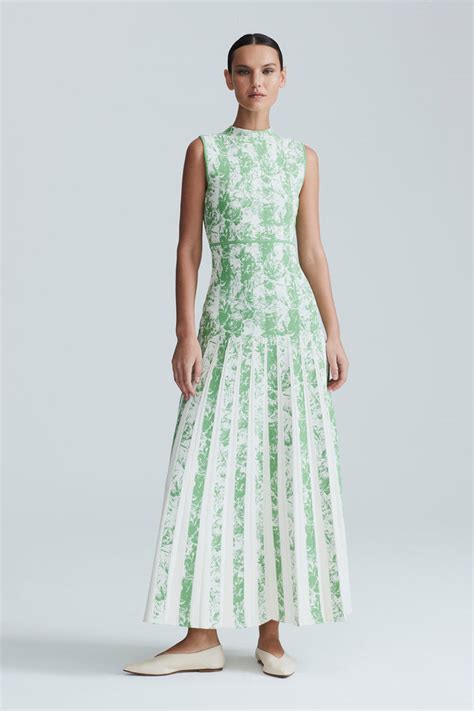 Pleated Jacquard Mock Neck Midi Dress Lela Rose