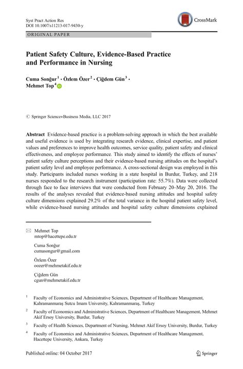 Pdf Patient Safety Culture Evidence Based Practice And Performance