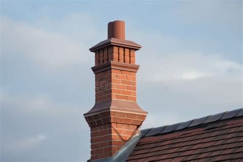 Classic Brick Chimney With Metal Smoke Deflector And Stovepipe On A