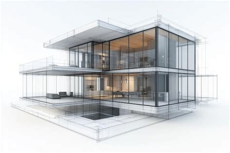 Architectural Wireframe Rendering Of Modern Glass House Premium Ai