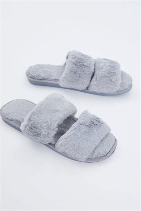 Womens Grey Faux Fur Fluffy Slides Ally Fashion