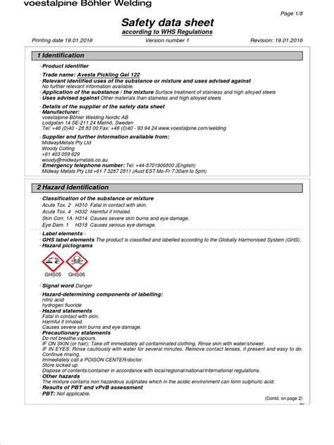 Msds Avesta Pickling Gel 122 Pdf Physical Sciences Chemistry
