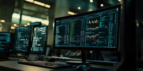 Modern Workspace With Computer Monitors Displaying Code And Data