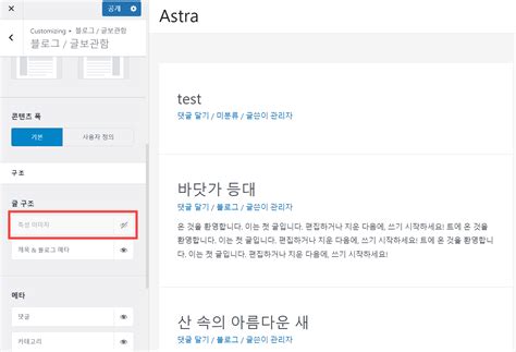 워드프레스 아스트라 테마 특성 이미지 제거 방법 워드프레스 정보꾸러미