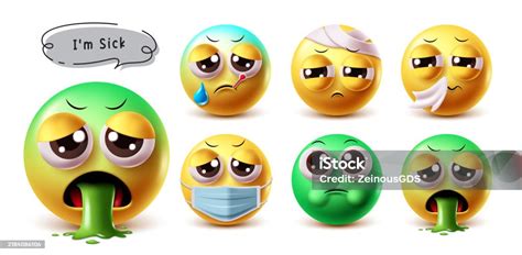 아픈 이모티콘 이모티콘 벡터 문자 세트 독감 붕대 재채기 기침 발열 및 구토와 같은 3d 질병 이모티콘 노란색 이모티콘 캐릭터 3차원 형태에 대한 스톡 벡터 아트 및 기타