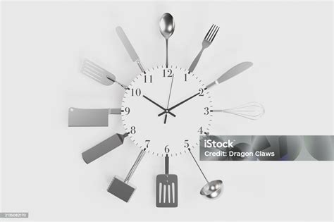 다양한 종류의 주방 용품과 식기가 흰색 배경에 시계 주위를 돌고 있습니다 식사 시간 조리기구 레스토랑 및 요리사의 개념에 대한 그림 벽 시계에 대한 스톡 사진 및 기타