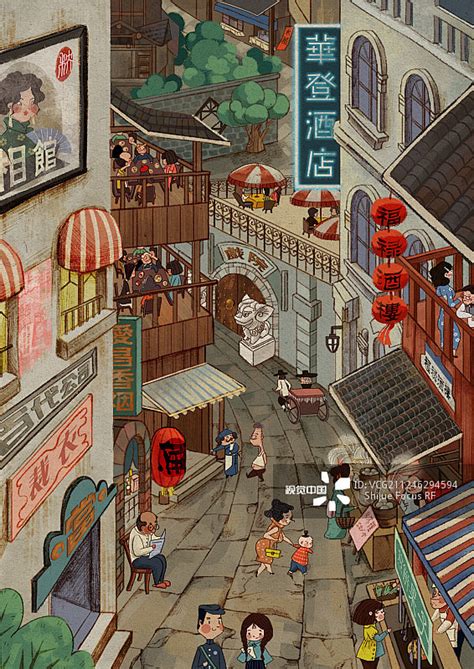 商业街 插画 市场 大量人群 街道正版图片素材