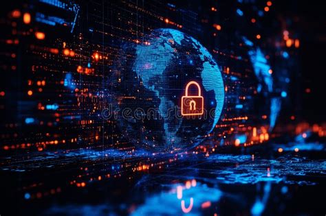 Global Cyber Security Concept With Digital Closed Pad Lock Earth Planet Globe And Binary Code