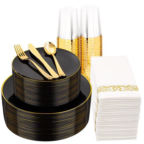 Supernal 350pcs Black And Gold Plastic Dinnerware Set Elegant Black
