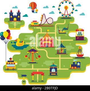 Amusement Park Map Circus Ferris Wheel Rollercoaster And Attractions