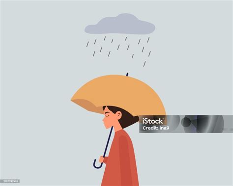 우산을 들고 비를 맞으며 걷는 여성 캐릭터 측면도 벡터 일러스트 레이 션 만화 평면 스타일 여자에 대한 스톡 벡터 아트 및 기타
