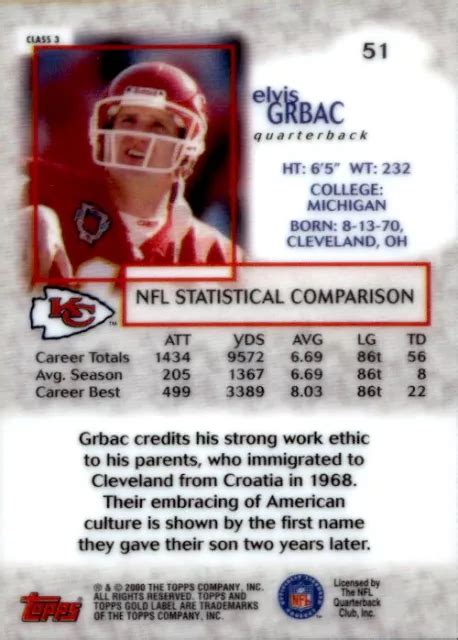 2000 Topps Gold Label Elvis Grbac Classe 3 51 Kansas City Chiefs Eur 1