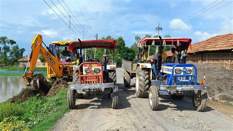 Jcb 3dx Backhoe Machine And Full Load 5 Swaraj Tractor Stuck In Jcb