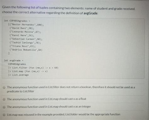 Solved Given The Following List Of Tuples Containing Two
